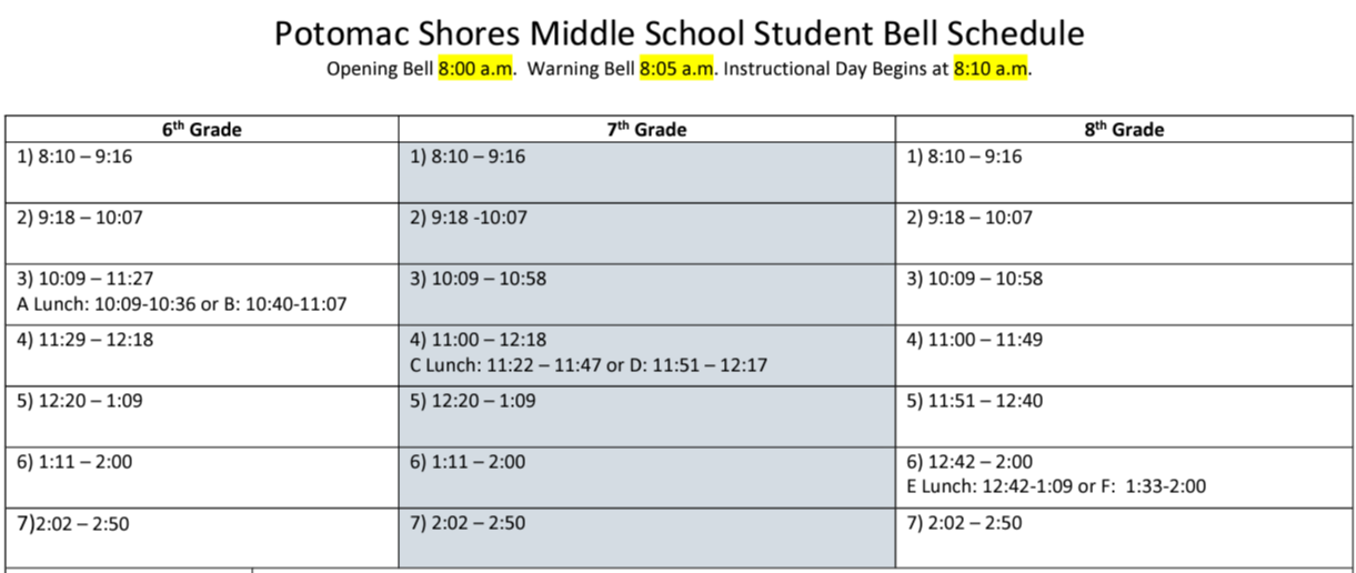 23-24 Bell Schedule - Potomac Shores Middle School